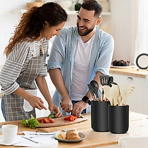 YKDGBRE Ceramic Utensil Holder for Kitchen Counter, Black Kitchen Utensil Holder for Countertop, 2 Pcs Cooking Utensil Crocks for Spatula, Spoon, Forks, Plant