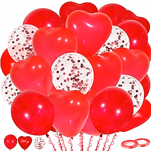 Red Balloons, 60 Pack Red Latex Balloons Red Heart Balloons and Red Confetti Balloons wiht Red Ribbon for Birthday Graduation Baby Shower Valentines Christmas Wedding Party Decorations