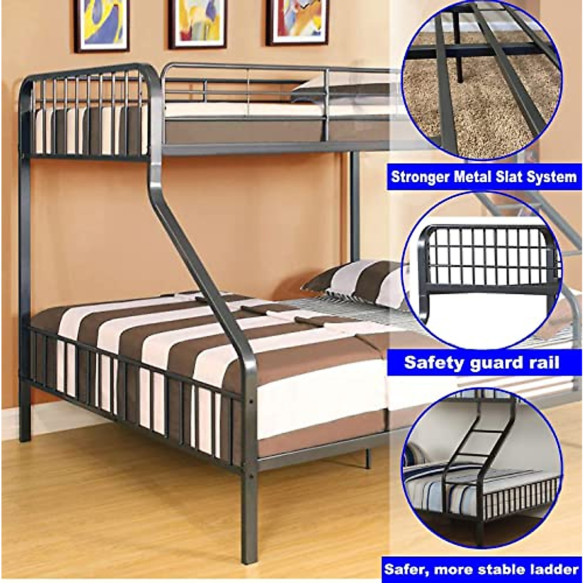 LEEKOUS Upgrade Version Stronger Metal Twin XL Over Queen Bunk Bed, Industrial Style Heavy Duty Thicken Steel Bunk Beds Frame Twin XL Over Queen Size with Ladder, Easier Assembly, Gunmetal