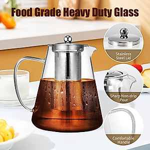 44 OZ Glass Tea Pot with Lid, Stovetop Safe Tea Kettle Pot with Removable Stainless Steel Filter, Glass Water Pitcher for Beverage, Milk, Lemonade and Coffee, Tea Maker