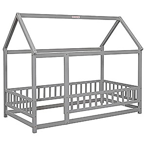 DEYOBED Twin Size Wooden Bed with House Roof Frame and Fence Guardrails, Twin Size Floor Bed Frame for Children - Gray Floor Bed