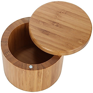 Lily's Home Round Bamboo Jar, Salt and Spices Storage Container, Small 6oz Salt Wooden Box With Magnetic Lock