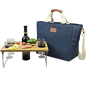 40L Cooler Bag, Large Insulated Tote Wine Carrier Bag for Picnic Lunch with Portable Bamboo Wine Snack Table - Best Gift for Father Mother Day