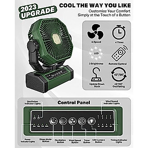 Rechargeable Fan with Auto Oscillating & Remote & Timer & LED Light, 20000mAh 9-Inch Battery Powered Fan(70Hrs), Camping Fan for Tents, Travel, Worksite, Strong Hurricane, USB Cordless Portable Fans