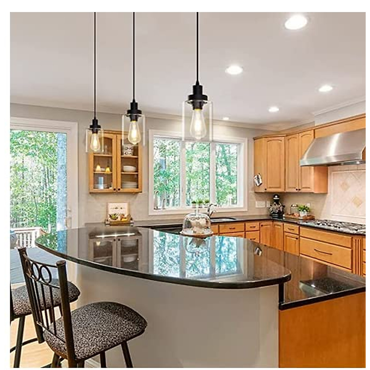 Industrial Pendant Lights, Modern Clear Glass Shade Pendant Lighting, Black Pendant Light Fixtures Ceiling Light, Farmhouse Pendant Lighting for Kitchen Island Hallway Porch Corridor Bedroom, 3-Pack