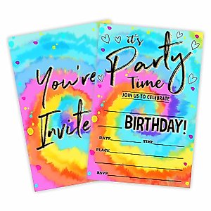 Tie Dye Birthday Invitations - It's Party Time! Birthday Party Invite Cards（20 Count) With Envelopes, Fill In Style Invite Cards For Boys & Girls, Birthday Party Favor & Supplies-B33