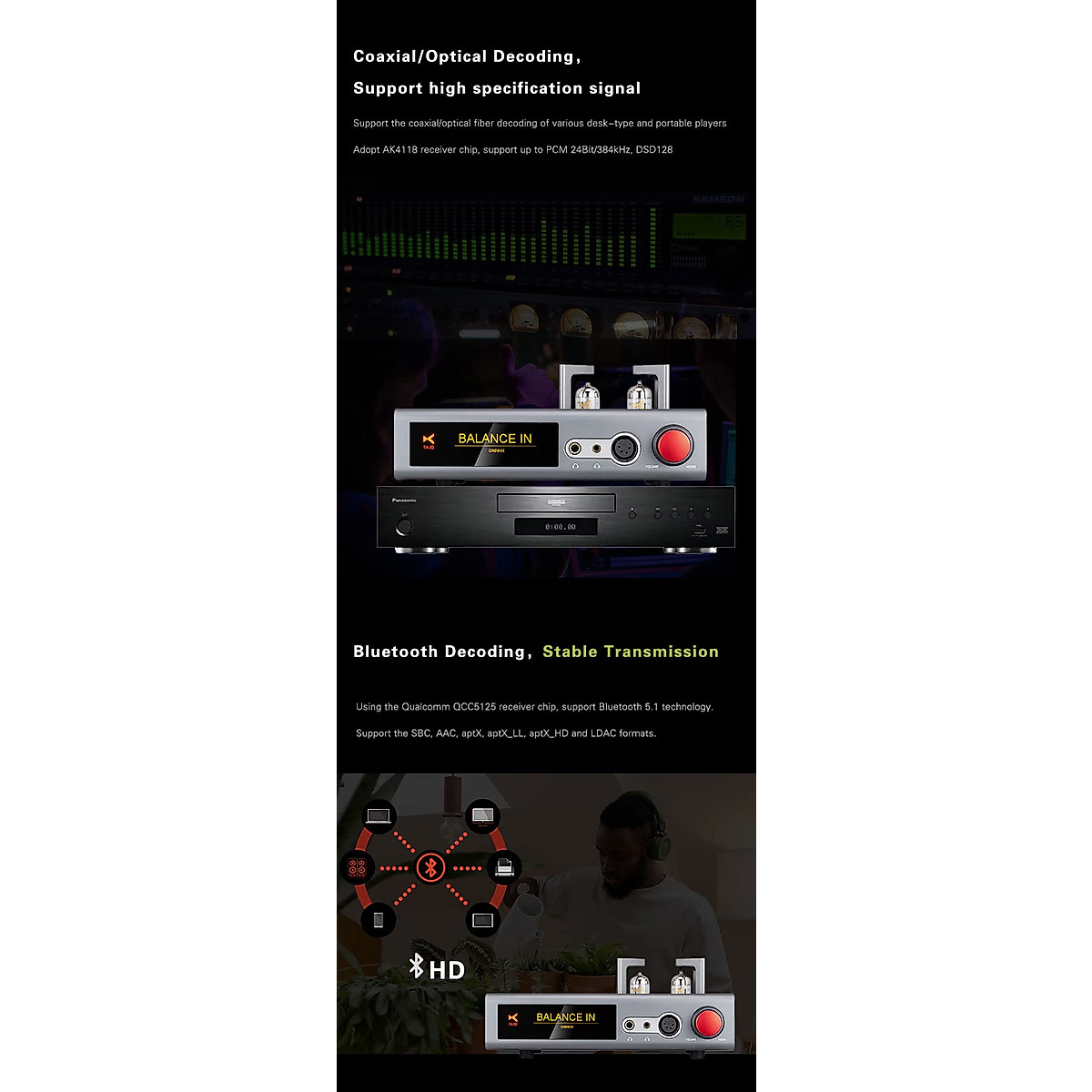 XDUOO TA-22 DAC&Tube Balance Headphone Amplifier ES9038Q2M*2 USB DSD256 32Bit/384kHz HD Bluetooth DAC Amp