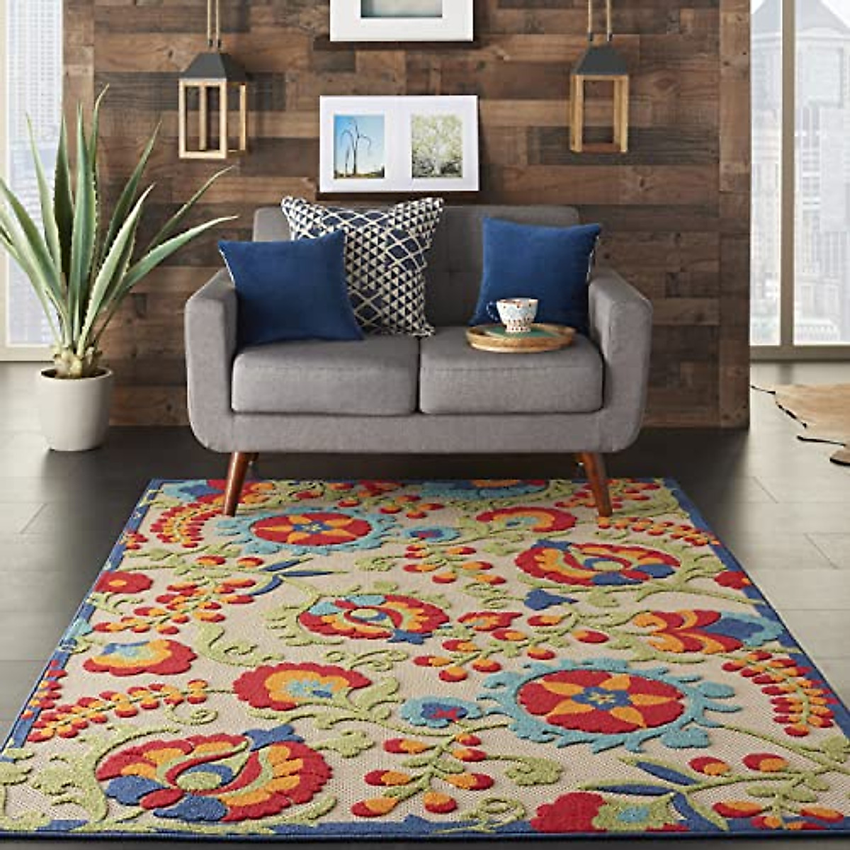 Nourison Aloha Indoor/Outdoor Multicolor 6' x 9' Area Rug, Easy Cleaning, Non Shedding, Bed Room, Living Room, Dining Room, Backyard, Deck, Patio (6x9)