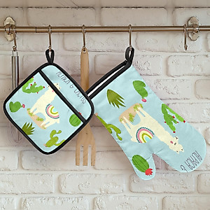 Cute Llama Cactus Oven Mitts and Pot Holders Sets of 2 Heat Resistant Non-Slip Kitchen Gloves Hot Pads with Inner Cotton Layer for Cooking BBQ Baking Grilling