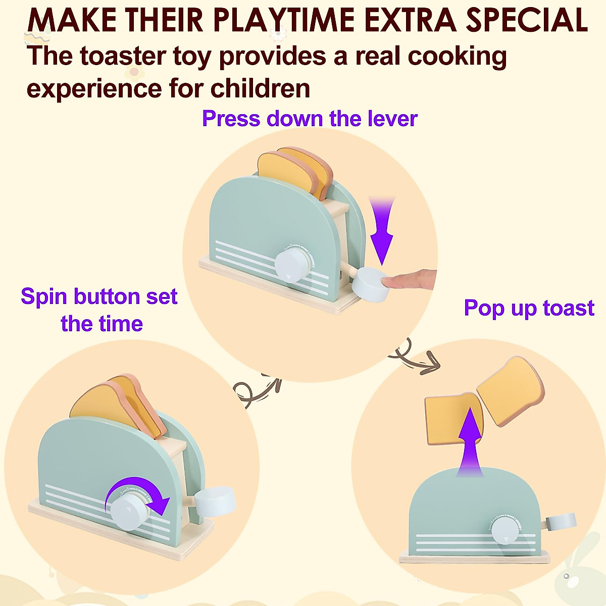 Wooden Play Pop Up Toaster Set Toys, Wooden Play Food and Kids Play Kitchen Accessories, Toys Gift for Toddlers Girls & Boys