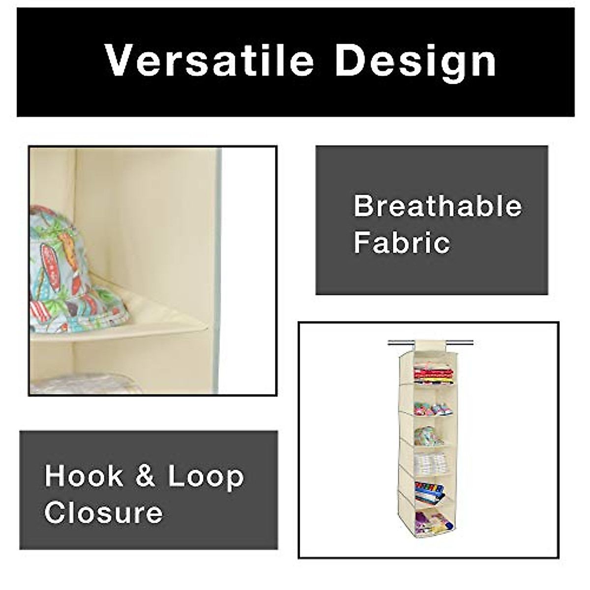 Smart Design Shelf Cubby Hanging Organizer w/ Hook & Loop - VentilAir Material - Clothing, Clothes, Accessories, & Closet Storage - Home Organization (6-Tier, Beige w/ Slate Trim)