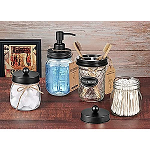 Amolliar 4PCS & 2pcs Black Mason Jar Bathroom Accessories Set-3 pcs Lotion Soap Dispenser & 2 pcs Cotton Swab Holder &1pcs Toothbrush Holder,Waterproof Stickers,Rustic Farmhouse Decor