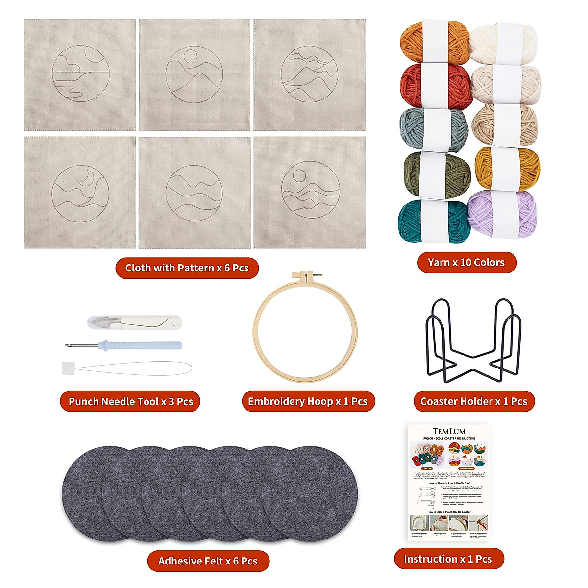 Temlum Punch Needle Coasters Kit, Punch Needle Embroidery Kit for Beginners and Adults Including Patterns, Tools, Yarns, Hoop, Instruction, Coaster Holder Coaster Art Craft Supplies (Landscape)