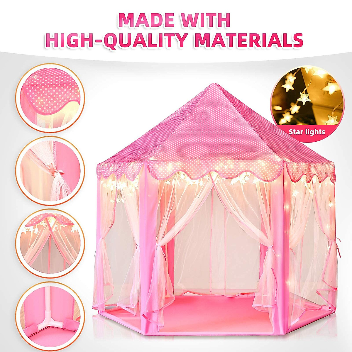 GeerWest Princess Tent for Girls, Kids Play Tent with Star Lights Toys for 1st Birthday Gifts, Pink Large Playhouse for Babys Indoor and Outdoor (Princess Tent)