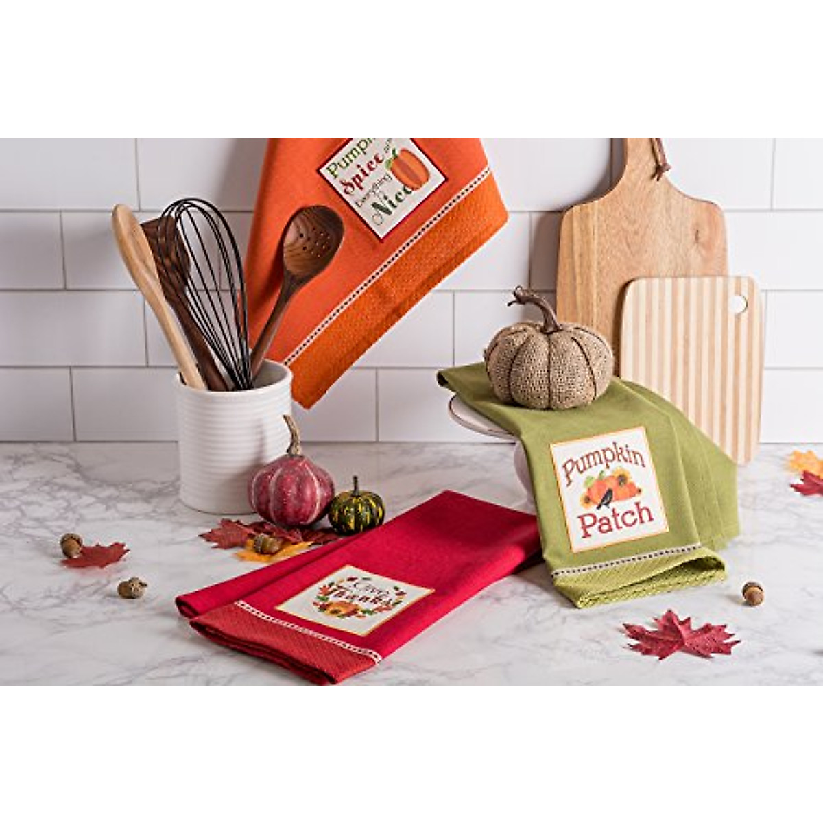 DII Thanksgiving Fall Kitchen Towels Collection Decorative Embellished Dish Towel Set, 18x28", Country Pumpkin, 3 Count