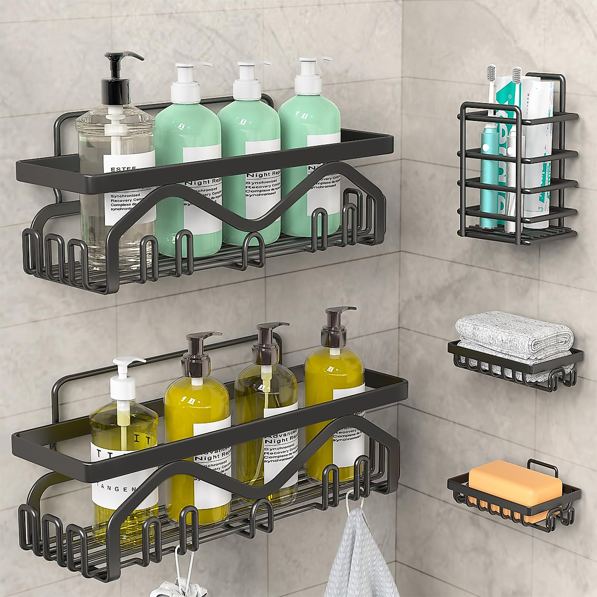 Coraje Shower Caddy, Shower Shelves [5-Pack], Adhesive Shower Organizer No Drilling, Large Capacity, Rustproof Stainless Steel Bathroom Shower Organizer, Shower Shelf for Inside Shower, Black