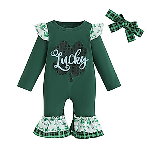 Newborn Baby Girl St. Patrick's Day Outfit Long Sleeve Four Leaf Clover Romper Ruffle Bodysuit Jumpsuit Headband Set (Green, 0-3 Months)