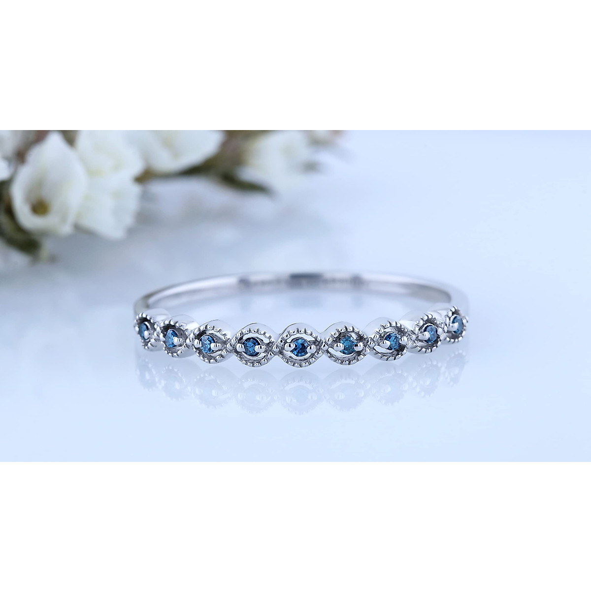 Dazzlingrock Collection 0.10 Carat (Cttw) Round Blue Diamond 9 Stone Minimalist Stackable Wedding Ring for Women in 925 Sterling Silver, Size 8.5