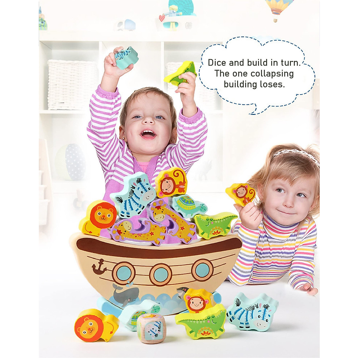 Montessori Toy for 3 4 5 6 Years Old Animal Wooden Building Blocks Staking, Animal and Noah Boat Balancing Game, STEM Preschool Educational Toys, Gift for Kids