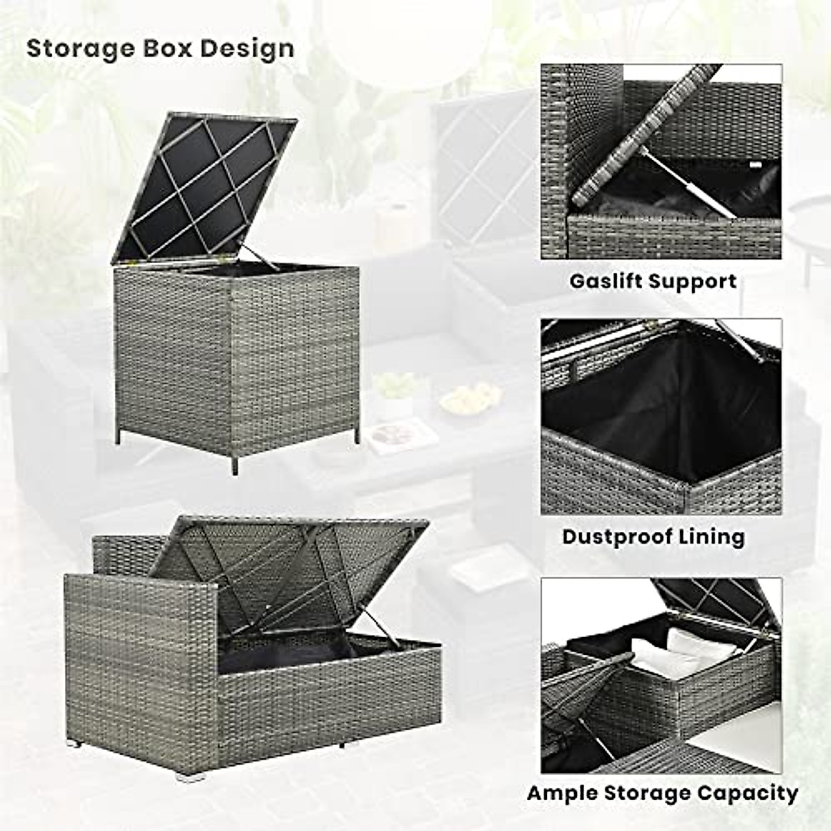 BIADNBZ 6-Piece Outdoor Furniture Set with Dining Table, Adjustable Seat and Storage Box, All Weather PE Rattan Patio Conversation Sofa L-Shaped Couch for Garden Lawn, Grey Wicker+Beige Cushion