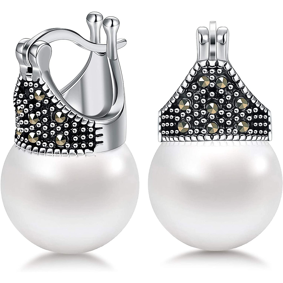 Milacolato Pearl Earrings 18K White Gold Plated 925 Sterling Silver Pearl Earrings Simulated Pearl Drop Earrings Pearl Dangle Stud Earrings Love Jewelry Gifts for Women