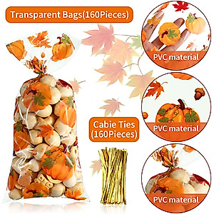 160 Pieces Thanksgiving Treat Bags Fall Cellophane Bags Plastic Happy Thanksgiving Pumpkin Fall Leave Turkey Sign Gift Bags with 160 Gold Twist Ties for Thanksgiving Fall Autumn Theme Party Supplies