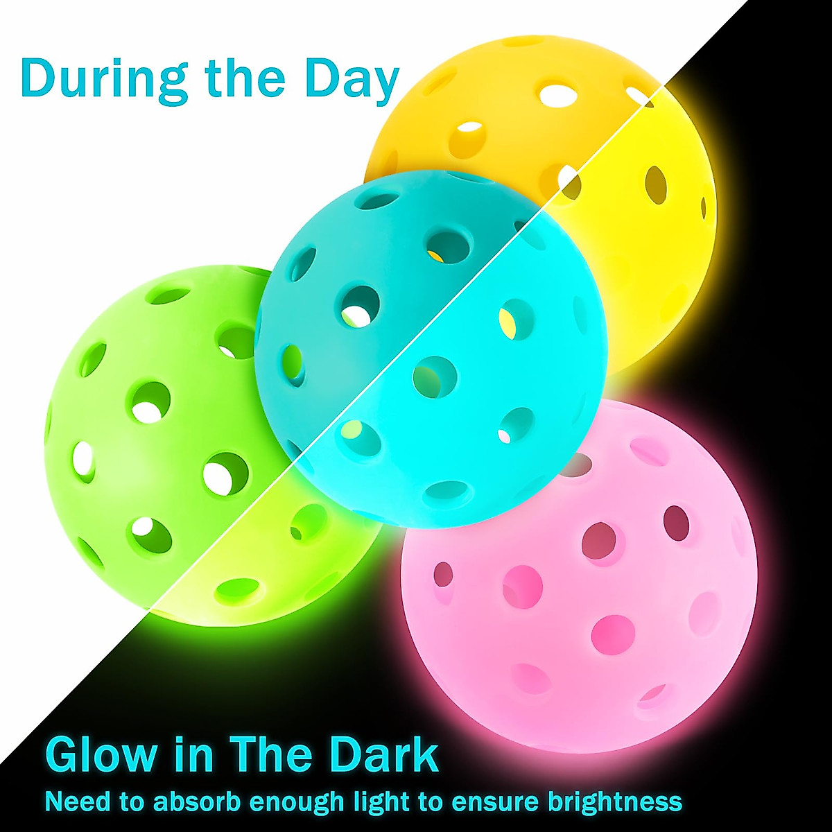 FEBSNOW Pickleball Balls Glow in The Dark, 40 Holes Outdoor Pickleball Balls for USAPA Regulations, Elasticity and Durable Balls with Pink Blue Yellow Green Color