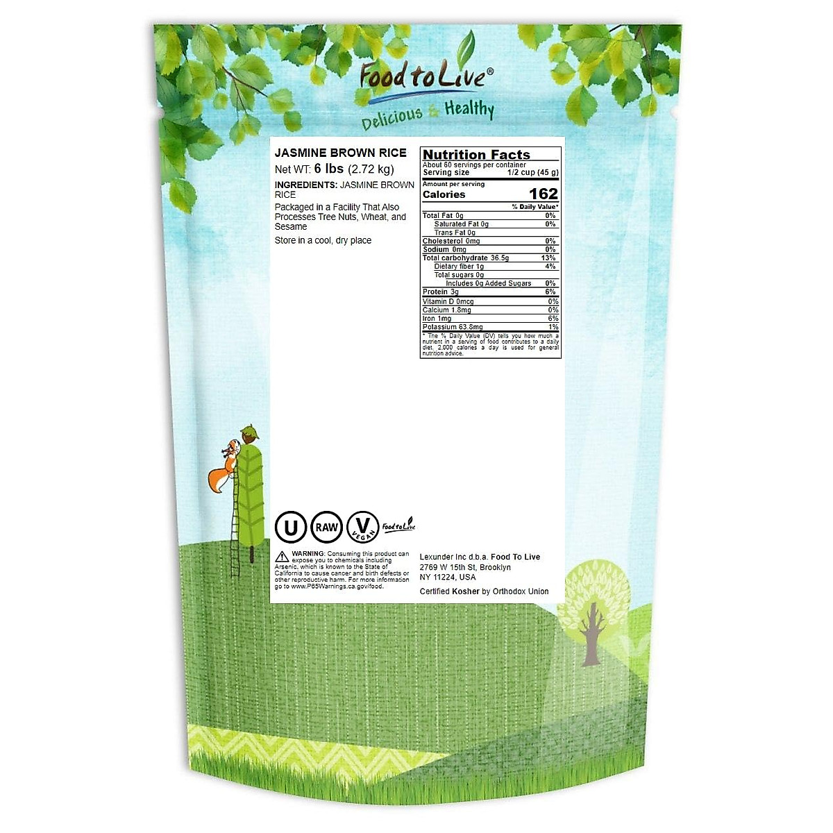 Food to Live Jasmine Brown Rice, 6 Pounds — Whole-Grain and Long-Grain Thai Rice, Vegan, Kosher, Bulk. Higher in Fiber than White Jasmine Rice. Great as Side Dish