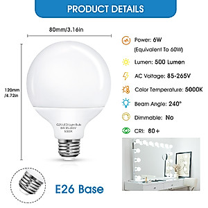 EvaStary G25 LED Globe Bulbs, Vanity Light Bulb for Bathroom Vanity Mirror, 60W LED Light Bulbs Equivalent, Bright 5000K Daylight E26 Base Bulb, 6W LED for Round Makeup Mirror Home Lighting, 6 Pack