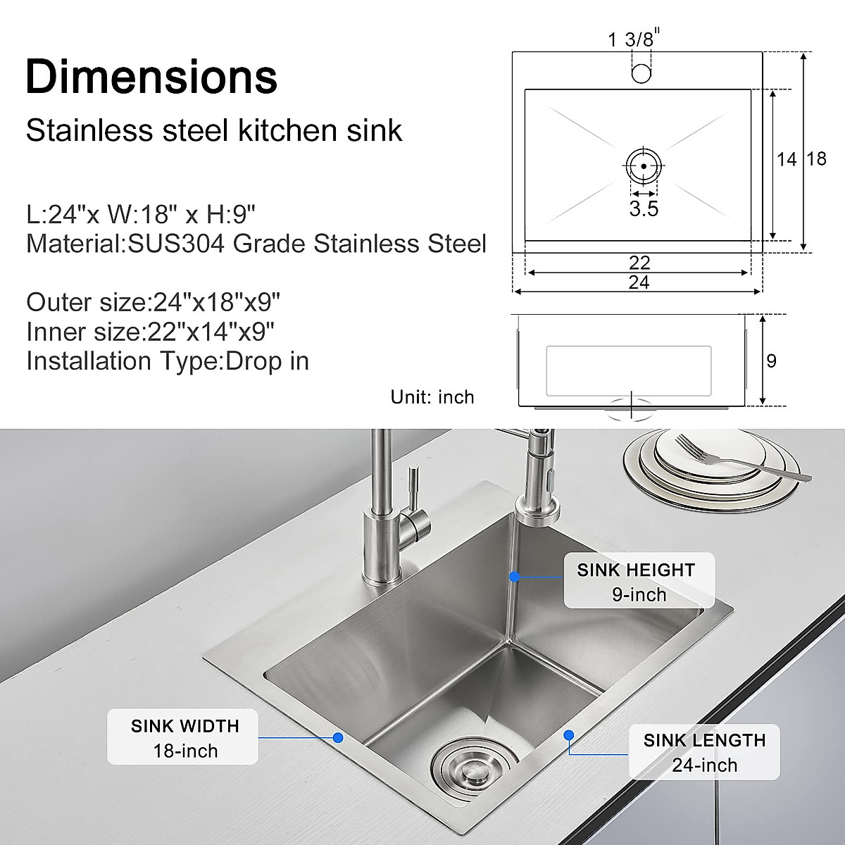TSIBOMU 24 Inch Kitchen Sink Drop-in, 18 Gauge Stainless Steel Single Bowl Single Faucet Hole Top Mount Workstation Sink, 24x18x9