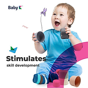 BABY K Baby Stacking Cups Toy (9 Pieces) - Silicone Stacking Cups for Babies 6-12 Months - Nesting Cups Baby Toy with Sensory Baby Ball Toy and Growth Journal - Stackable Cups for Baby Motor Skills