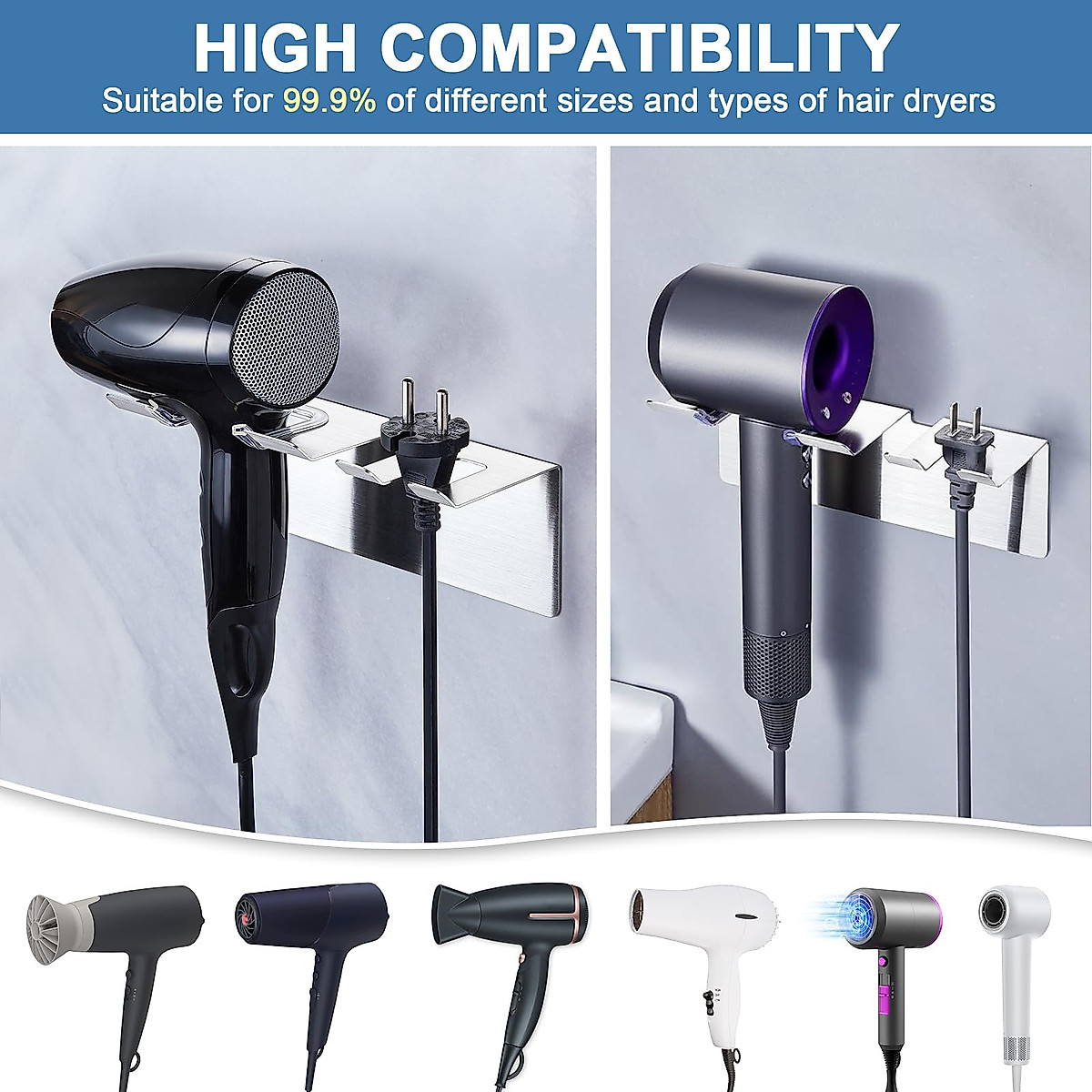 SUS 304 Stainless Steel Hair Dryer Holder Wall Mounted, Self Adhesive Hair Straightener Holder, Universal Blow Dryer Holder with Plug Hooks for Cabinet Bathroom