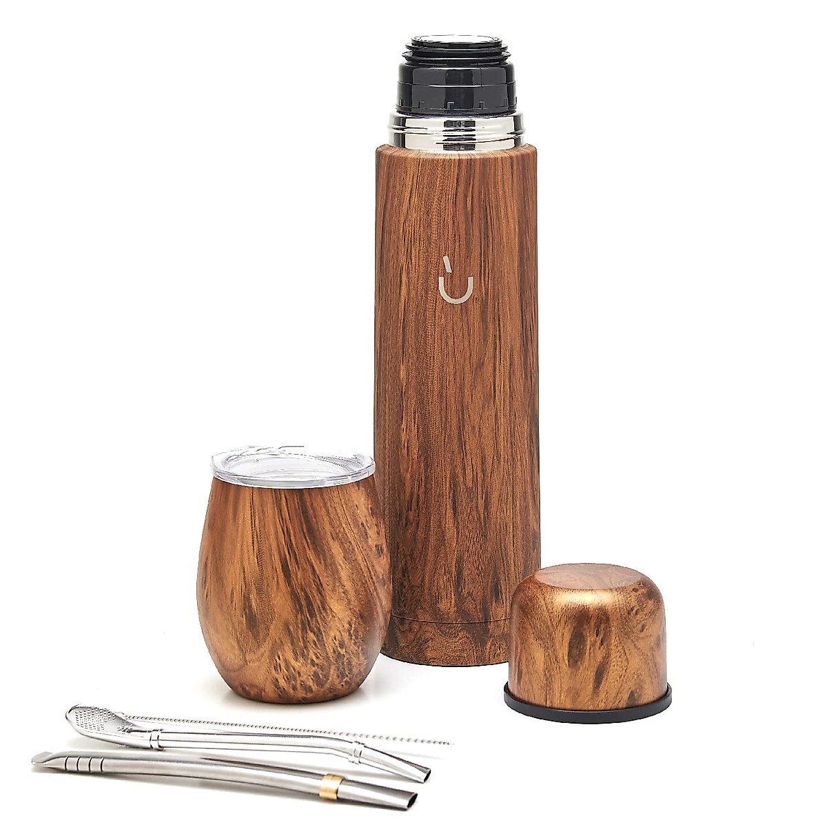 BALIBETOV Complete Yerba Mate Set - Modern Mate Gourd, Thermos, Bombilla and Cleaning Brush Included - All Premium Quality 304 18/8 Stainless Steel (Wood)