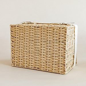 Rattanzenith Small Wicker Basket with Lid Paper Storage Baskets for Shelves Small Storage Bin with Removable Liner Nesting Decorative Woven Basket for Makeup Closet Organizer (Small, Khaki)