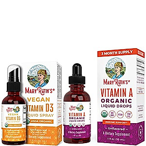 Vegan Liquid Vitamin D3 & USDA Organic Vitamin A Liquid Drops Bundle by MaryRuth's | Immune Support | Eye Health | Skin Health | Sugar Free | Vegan | Non-GMO | Gluten Free.