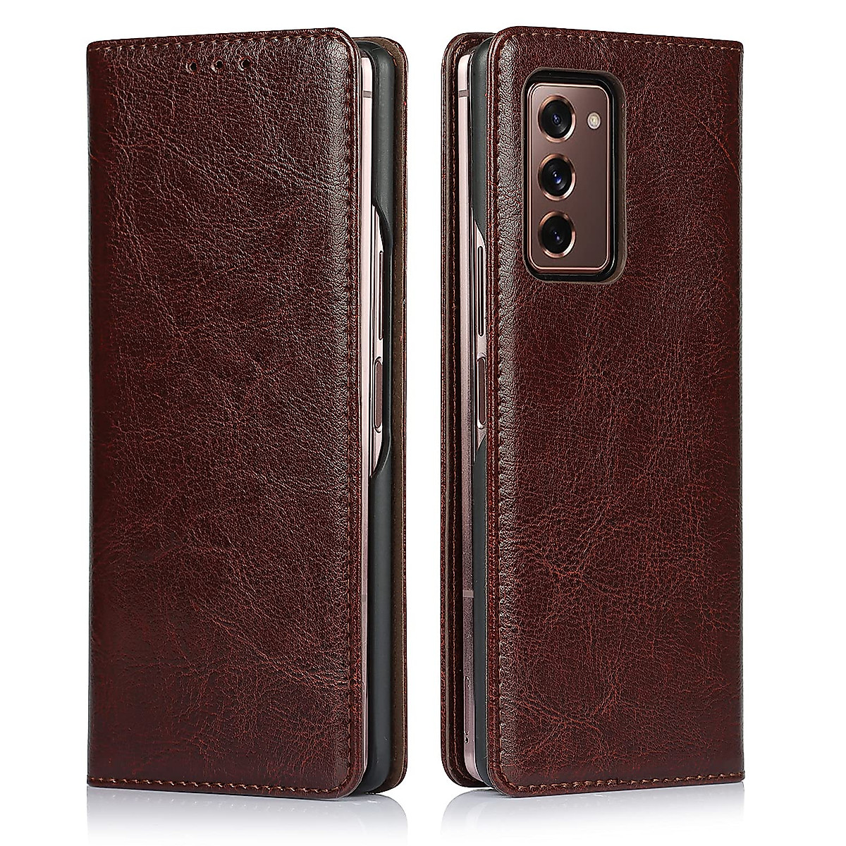 Jaorty Compatible with Samsung Galaxy Z Fold 2 5G Wallet Case,Stand Feature Cowhide Genuine Leather Credit Card Holder Coin Slot Cover Case for Samsung Galaxy Z Fold 2 5G,Dark Brown