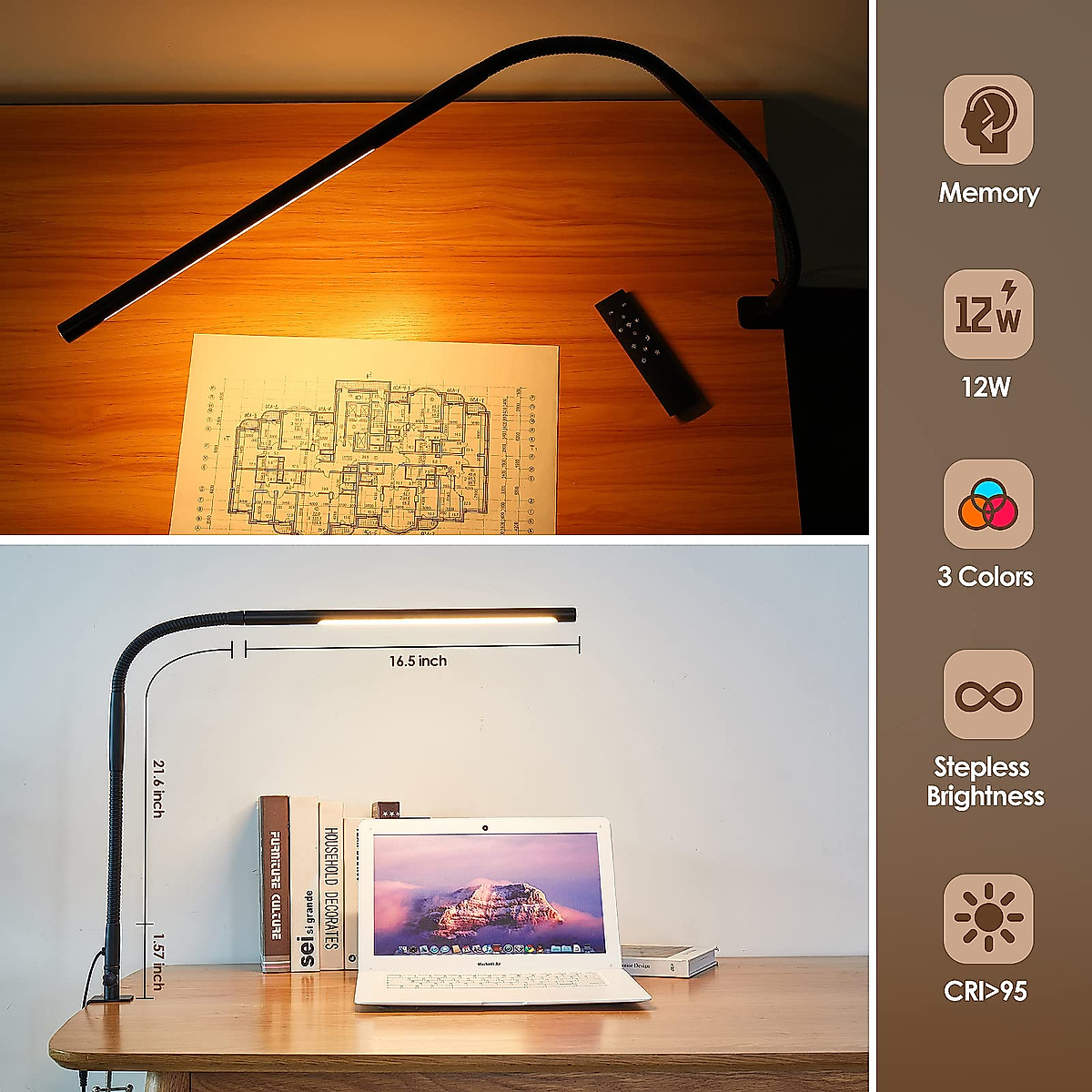 Desk Lamp with Clamp,Swing Arm Eye-Care LED Light Dimmable with 3 Color Modes Stepless Brightness, Adjust Gooseneck Lamp for Architect Home Office Workbench, 360 Degree Memory Metal Table Light