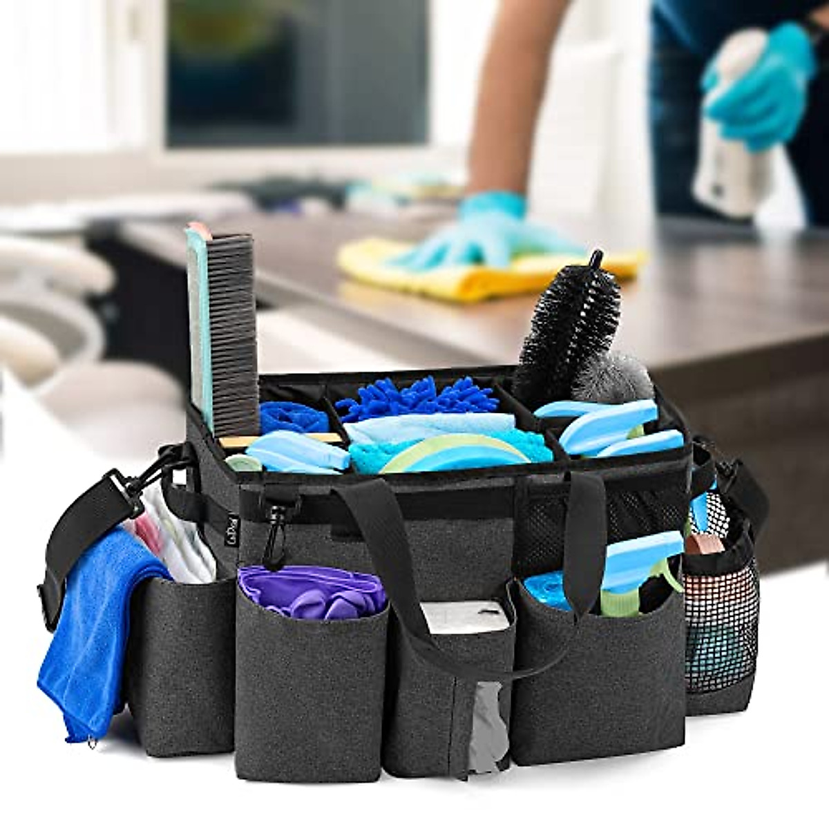 LoDrid Wearable Cleaning Caddy Bag with 4 Foldable Dividers, Cleaning Supply Tote for Cleaning Supplies, Cleaning Organizer with Shoulder Strap and Side Handles for Cleaners & Housekeepers, Black