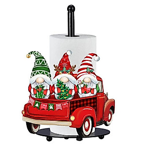 Christmas Paper Towel Holder, Gnome Red Truck Christmas Decorations Indoor Metal Paper Towel Holders for Kitchen Countertop Bathroom Home, Christmas Decor Gnome Gifts for Women Men 6.7x6.7x13.4 inch