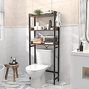 Ecoprsio Over-The-Toilet Storage Rack, 3-Tier Bathroom Organizer Shelf Over Toilet, Freestanding Space Saver Toilet Stands with 4 Hooks, Rustic Brown