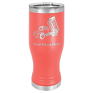 LaserGram 14oz Vacuum Insulated Pilsner Mug, Dump Truck, Personalized Engraving Included (Coral)