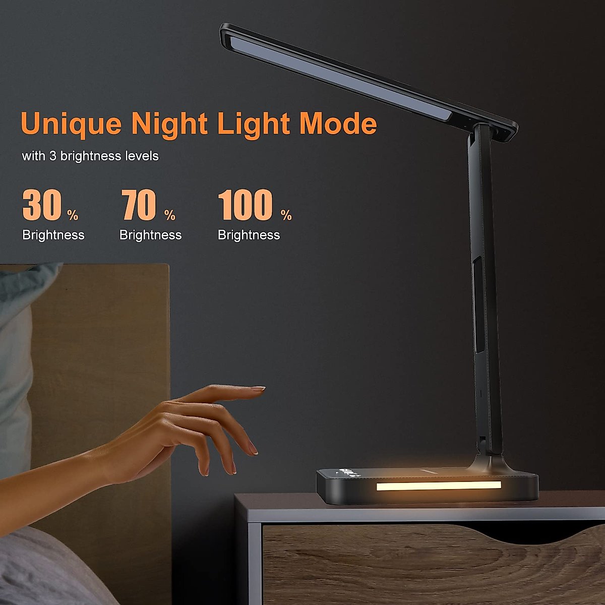 poukaran Desk Lamp, LED Desk Lamp with Wireless Charger, USB Charging Port, Table Lamp with Night Light, Desk Lights with Clock, Alarm, Date and Temperature, Black