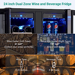 NovaVale Wine and Beverage Refrigerator, 24 Inch Dual Zone Wine Cooler with Glass Door Hold 21 Bottles and 88 Cans, Built in or Under Counter Wine Fridge with 2 Safety Locks and Digital Touch Control