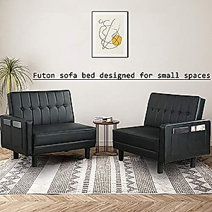 OBBOLLY Futon Sofa Bed - Tufted Design Loveseat Sofa Sleeper with Side Pockets and Armrest, Faux Leather Convertible Sofa Couch for Compact Living Space, Apartment, Dorm (Black)