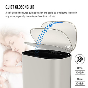 13 Gallon Pedal Trash Can, 50L Stainless Steel Waste Bin with Soft-Close Silent Lid and 30 Garbage Bags, Garbage Can for Home, Kitchen, Commercial, Office, Withe