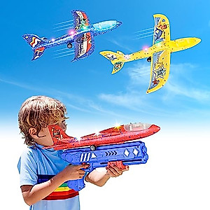 3 Pack Airplane Launcher Toy, 2 Flight Modes LED Foam Glider Catapult Plane Toy with 3 DIY Stickers for Boys, Outdoor Flying Toys for Boys Girls for 4 5 6 7 8 9 10 12 Year Old Kids Birthday Gifts