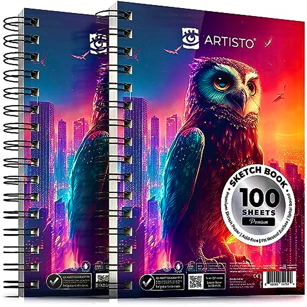 ARTISTO 5.5X8.5” Premium Sketch Book Set, Pack of 2 (200 Sheets), 68lb (100g/m2), Spiral Bound, Acid-Free Drawing Paper, Perfect for Most Dry Media