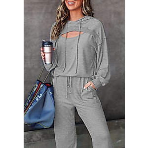 Pink Queen Women's Two Piece Lounge Set Sweatsuits Casual Fall Cutout Pullover Hoodies Tracksuit Ladies Running Active Drawstring Pants With Pockets Light Grey L