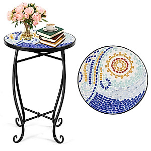 S AFSTAR Mosaic Patio Table, 21”H x 14”Dia Round Plant Stand Coffee Table, Mosaic Outdoor Side Table, Patio Bistro Table, Outdoor Side Tables, Mosaic Plant Stand for Books Coffee Potted (Navy)
