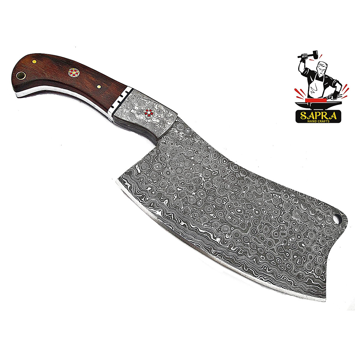 Sapra Damascus steel 10.75” Inches Meat Cleaver Chef Butcher Vegetable frozen Boning Cleaver Knife Heavy Duty Sharp Edge Full Tang Meat Cleaver Bone Copper with Genuine Leather Sheath